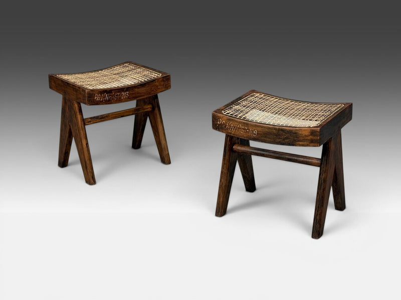 Pierre Jeanneret, Low Cane Stools, Teak, Cane, Chandigarh, India, 1960