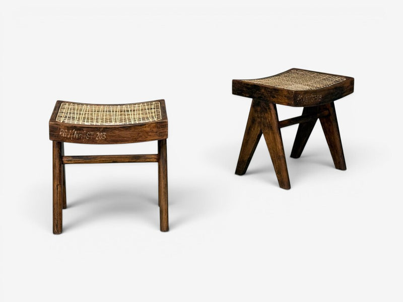 Pierre Jeanneret, Low Cane Stools, Teak, Cane, Chandigarh, India, 1960